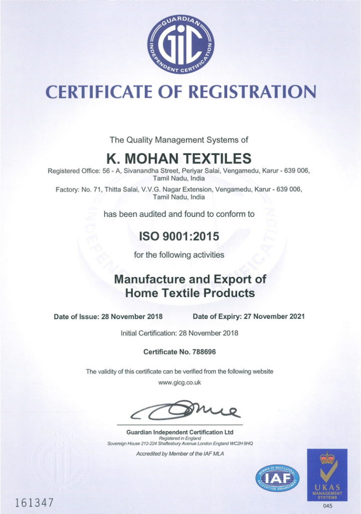 Certification – K.Mohan Textiles